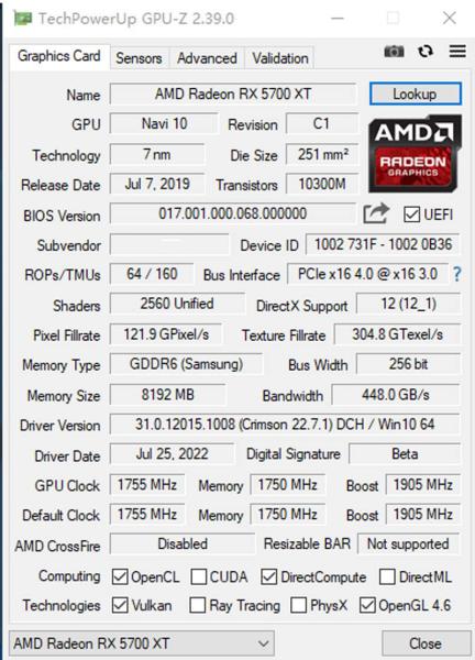 PCWINMAX Radeon RX 5700 XT Tarjeta gráfica 8GB GDDR6 256 bits Juego HD DisplayPort Interfaz GPU 2K 4K Tarjeta de juego