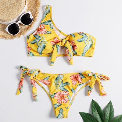 China Tiered Layer Tie a Knot Front Top With Low waist Bikini swimsuit high cut for sale
