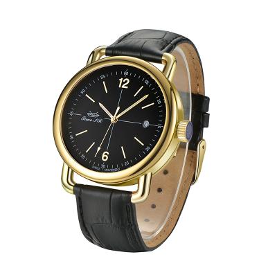 China Elegant Black Quartz Watch With Genuine Leather Strap for sale