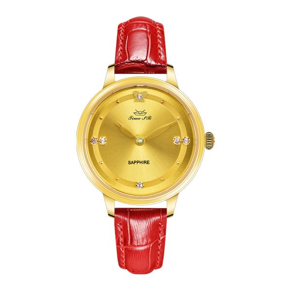 Quality Elegant Minimalist Gold Quartz Watch-Red Genuine Leather Strap for sale