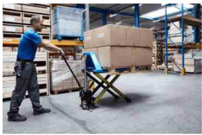 China Electric Scissor Lift Pallet Truck provides stable, effortless transport for book block feeding, collecting, and delivering. for sale