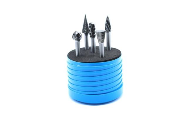 Quality Corrosion Resistant 5 Piece Carbide Rotary Burr Set Blue Round Case Custom Tooth And Shape for sale