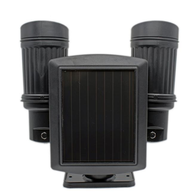 Dual-head solar security spotlight showing adjustable heads and solar panel