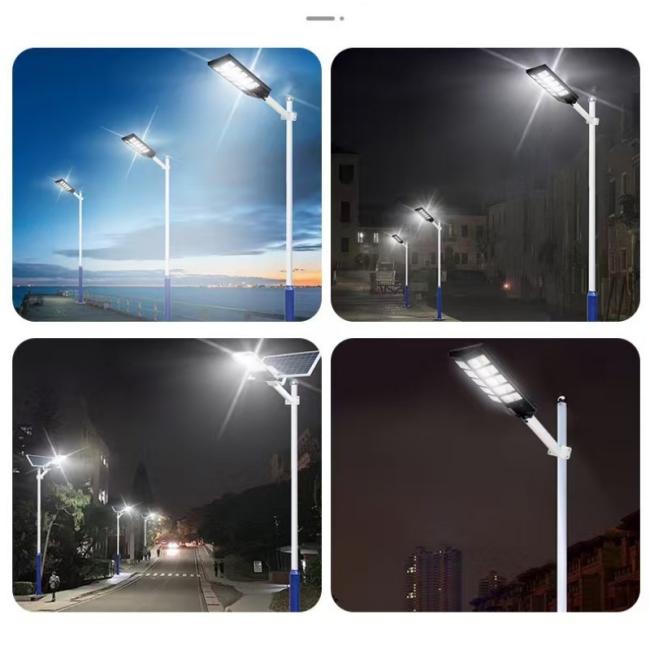 Solar street light in rainy conditions demonstrating waterproof features