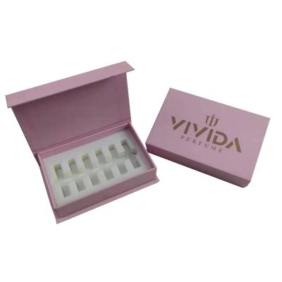 China Custom Pink and Gold Logo Vial Perfume Glass Bottle Packaging Box for Mini Perfumes for sale