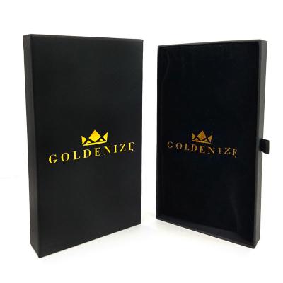 China Caixa de gaveta rígida preta elegante com logotipo personalizado em folha de ouro e revestimento de veludo macio à venda
