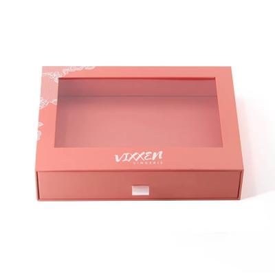 China Custom Paper Drawer Cardboard Gift Wrap Sliding Pull Out Packaging Box With Clear PVC Die Cut Window for sale