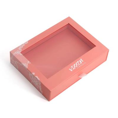 China Custom Paper Drawer Cardboard Gift Wrap Sliding Pull Out Packaging Box With Clear PVC Die Cut Window for sale