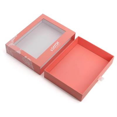 China Custom Paper Drawer Cardboard Gift Wrap Sliding Pull Out Packaging Box With Clear PVC Die Cut Window for sale