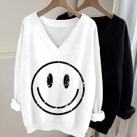 Quality Women's V-neck Hoodie with Smiling Face Print in Cotton/Polyester Blend for for sale