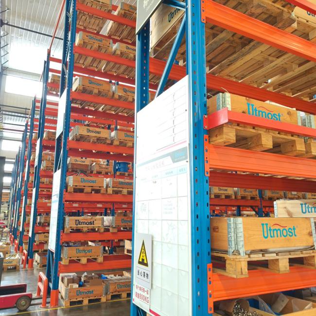 Close-up view of powder-coated steel pallet rack construction