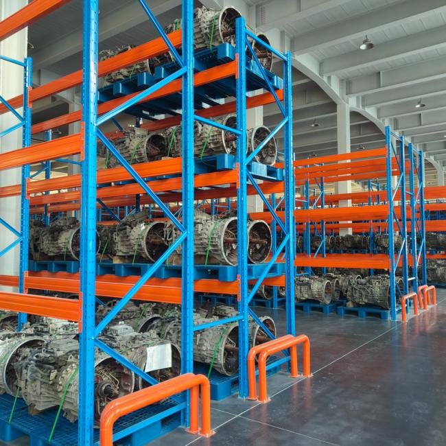 Steel warehouse pallet rack showing full assembly in industrial setting