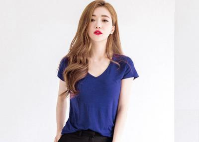 Cina Le magliette delle donne sexy del collo a V hanno pettinato il T casuale blu di colore morbido del cotone in vendita