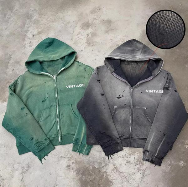 Quality Heavyweight Vintage Sweatshirts Thermal Waffle Lined Cotton Zip Up Custom Streetwear for sale
