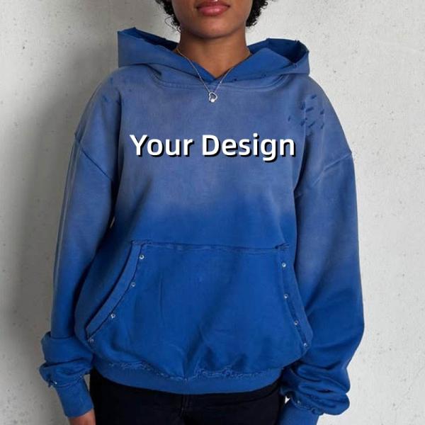 Quality Heavyweight Retro Sweatshirt Solid Blue Drop Shoulder Acid Washed Boxy Fit Hoodies for sale