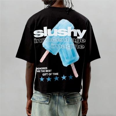 China Washed Black Graphic T Shirts Silk Screen Print Boxy Cropped Graphic Tshirts For Men for sale