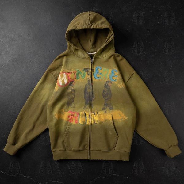 Quality Oversized Vintage Hoodies Zip Up Hoodie With Digital Print Distressing for sale