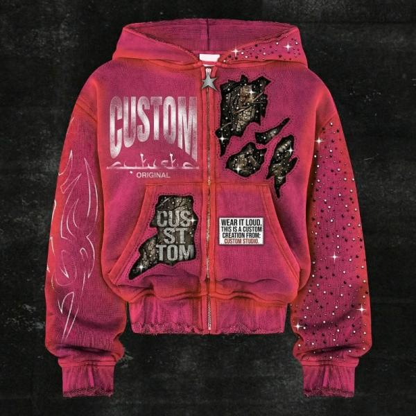 Quality Oversized Red Zip Up Hoodie Acid Wash Rhinestone Hoodie 400gsm Distressed Zip Up for sale
