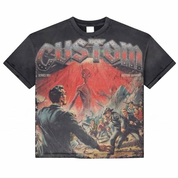Quality Custom Acid Wash Rhinestone Graphic Print Overisize Short Tshirt  for sale