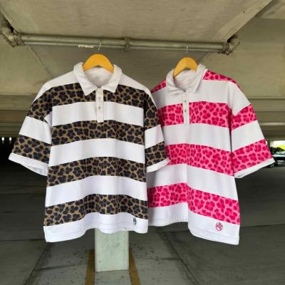 China Heavyweight Cotton Blank Polo Shirt Single Jersey Wide Stripe Leopard Print Y2K for sale