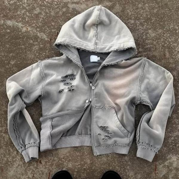 Quality Acid Wash Vintage Hoodies Destroyed Cropped Grunge Custom Distressed Hoodies For Men for sale