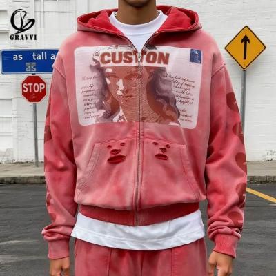 China DTG Portrait Vintage Zip Hoodie Full Zip Up Hoodie Oversized Heavyweight Fleece for sale