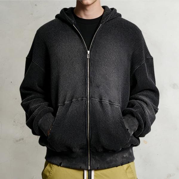 Quality Waffle Knit Thermal Vintage Hoodies Cotton Sun Faded 400GSM Vintage Style Hoodies for sale