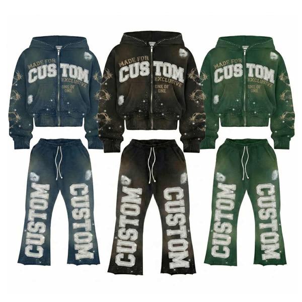 Quality Custom Acid Wash Zip Up Hoodie Set Streetwear Manufacturer for Men  for sale
