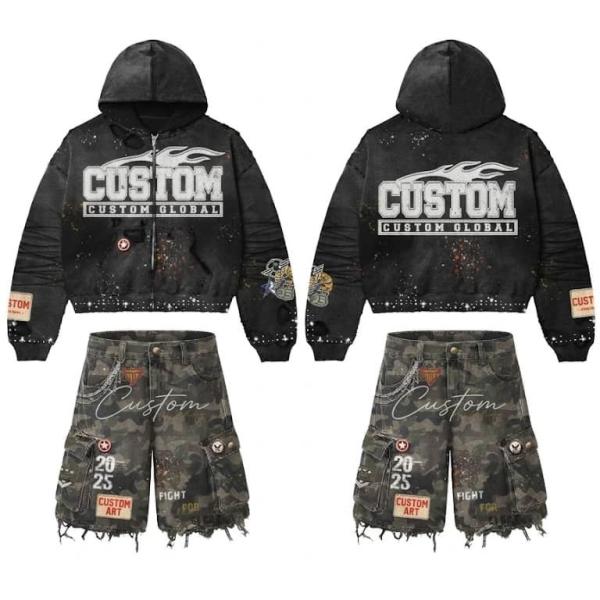 Quality Custom Distressed Acid Wash Streetwear Zip Up Hoodie Camo Shorts Set  for sale
