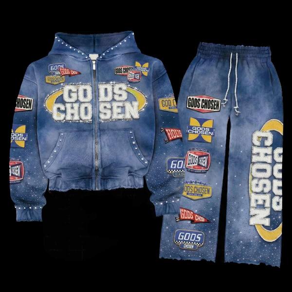 Quality Vintage Acid Wash Heavyweight Rhinestone Patchwork Tracksuit Set for sale