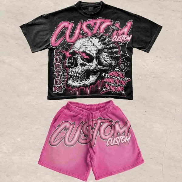 Quality Custom Heavyweight Acid Wash French Terry Streetwear Graphic Short Set  for sale