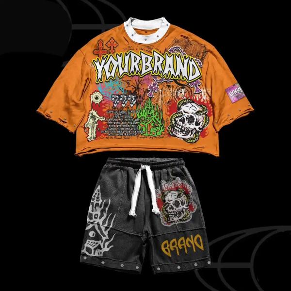 Quality Custom Sun Faded Wash Y2K Grunge Boxy Cropped Tee and Studded Shorts Set for sale