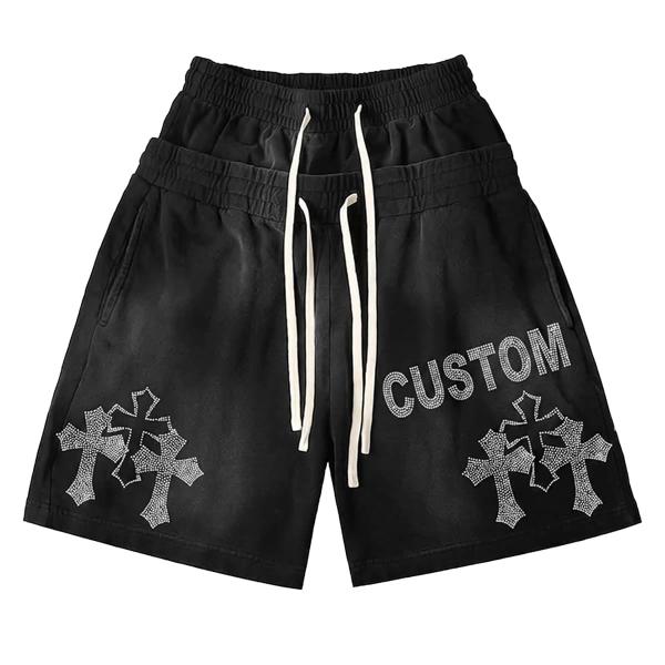 Quality Custom Rhinestone Sweatshorts Vintage Wash Streetwear Supplier for sale