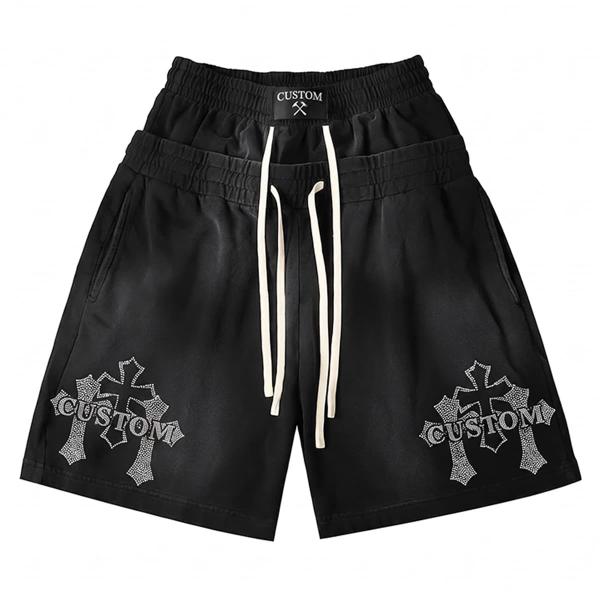 Quality Custom Rhinestone Faux Double Waistband Cross Sweatshorts Streetwear Wholesale for sale