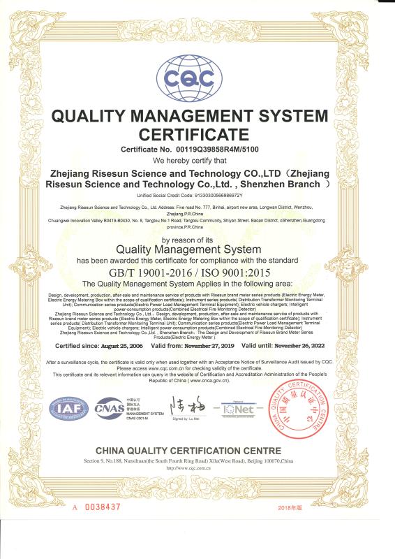 QUALITY MANAGEMENT SYSTEM CERTIFICATE - Zhejiang Risesun Science and Technology Co.,Ltd.