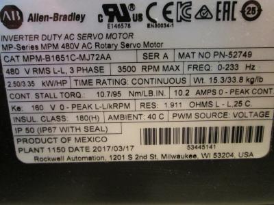 中国 アレン・ブラッドリー MPM-B1651C-MJ72AA MPMシリーズ MPM 480V AC回転サーボモーター 販売のため