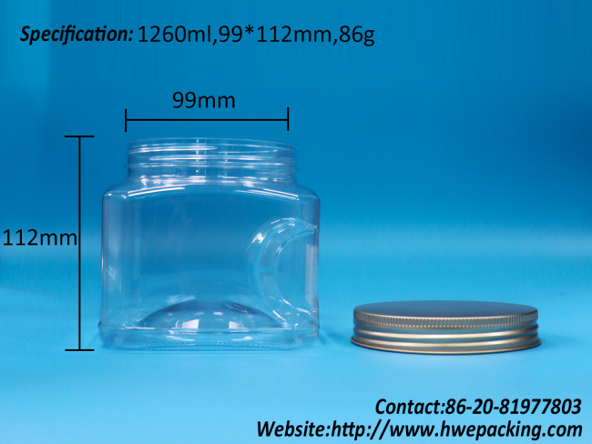 Food Grade Candy Food Snack PET transparent square Plastic Grip Jar Aluminium Lid