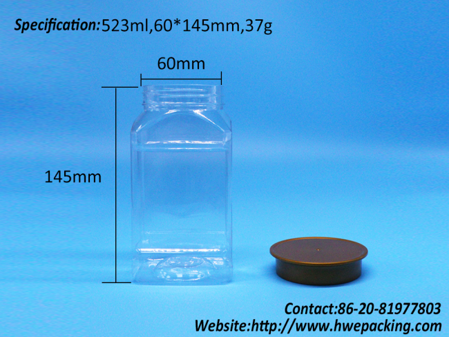 Square Shaped Clear Plastic Salt Cumin Powder Fennel Bean Jars Screw Top Lid