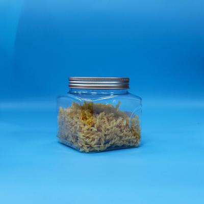 China Food Grade Candy Food Snack PET Transparent Square Plastic Grip Jar Aluminium Lid for sale