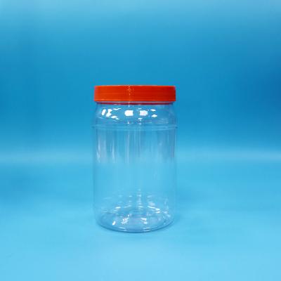 중국 투명한 PET 플라스틱 둥근 식품 과자 쿠키 포장 병 빨간색 색상 나사 모자 판매용