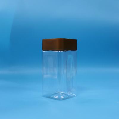 중국 투명한 몸형 직사각형 모양의 플라스틱 식품 등급 항아리 갈색 캡과 함께 무료 샘플 제공 판매용