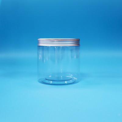 China Round Wide Mouth Cylinder Shape Clear PET Plastic Cookies Jar Aluminum Screw Cap for sale