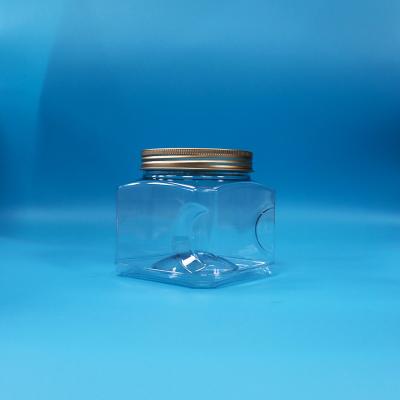 중국 캔디 식품 간식 식품 등급 PET 맑은 정사각형 모양 플라스틱 잡기 병 알루미늄 뚜?? 판매용