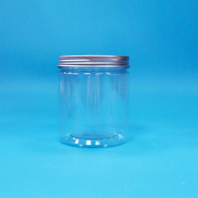 China Frasco de embalagem de doces de plástico PET transparente de boca larga com tampa de alumínio à venda