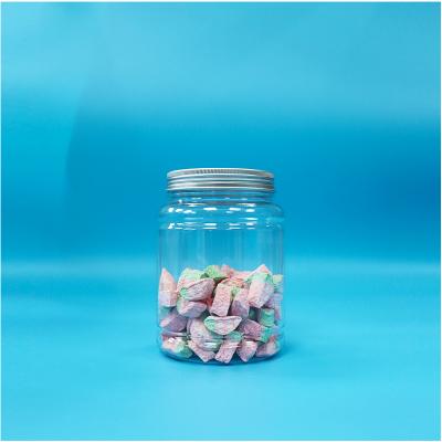 China Aluminum Top Screw Flat Lid Transparent Plastic Fruit Jelly Lollipop Chewing Gum Jar for sale