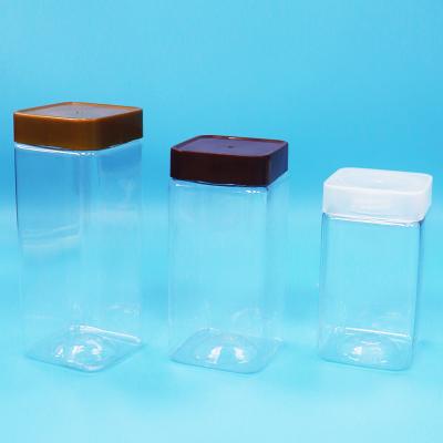 China Food Grade Candy Food Snack Nuts PET Transparent Square Plastic Jar Screw Flat Lid for sale