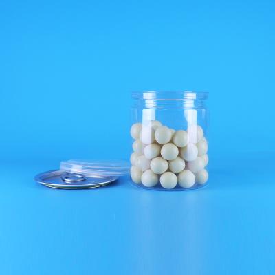China Leak Proof Easy Open Lid Clear Round Snack Candy PET Plastic Cans Food Packing for sale