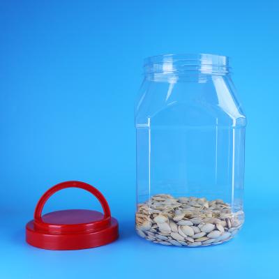 China 2100ml Red Screw Handle Lids Clear Food Grade PET Plastic Candy Shrimp Chips Jars for sale
