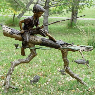 China Children Metal Sculpture Life Size Bronze Casting Fishing Boy Garden Statue for sale