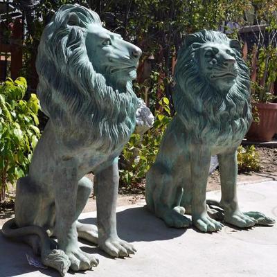 China Antique Garden Sculpture Life Size Green Bronze Sitting Lion Pair Large Statue for sale
